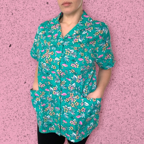 Vintage | Tops | Anthony Richards Teal Flamingo Button Down Smock | Poshmark